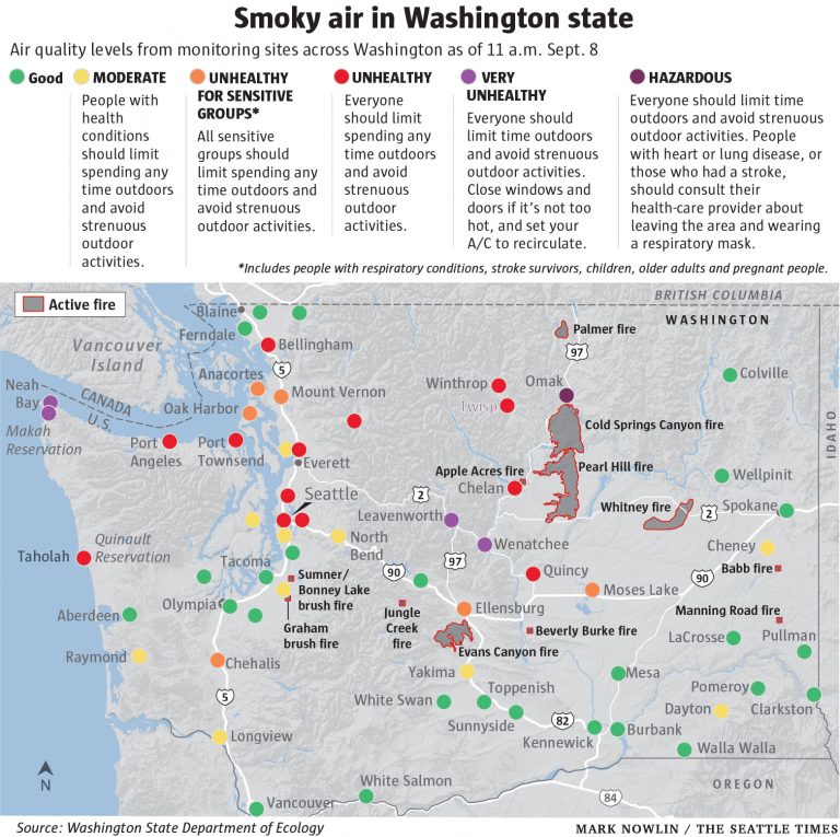 Wildfire Smoke Blows Into Seattle Areas; Fires Burn East and West of ...